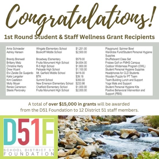 Congratulations to 1st Round Student & Staff Wellness Grant Recipients | District 51 Foundation